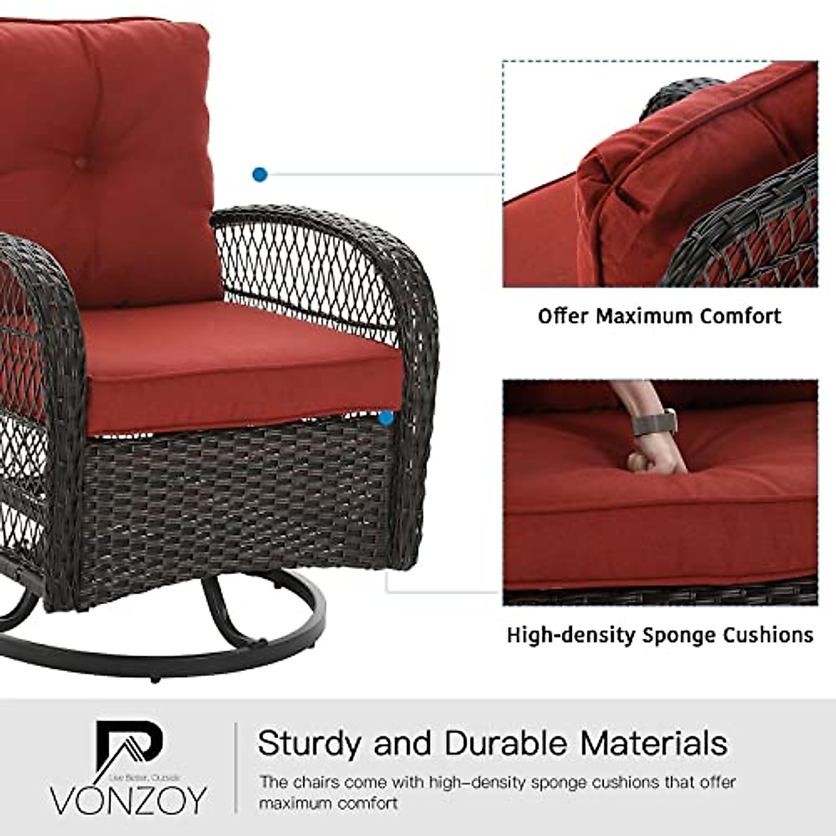 VONZOY 3 Pieces Patio Furniture Set, Outdoor Swivel Glider Rocker, Wicker Patio Bistro Set with Rocking Chair, Thickened Cushions and Table for Porch (Red)