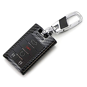iJDMTOY Glossy Black Carbon Fiber Finish Exact Fit Key Fob Shell Cover w/Keychain Compatible with Cadillac ATS CTS DTS XTS SRX STS Escalade or Chevrolet C7 Corvette, etc