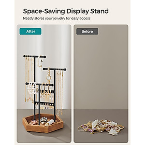 SONGMICS Jewelry Holder, Jewelry Organizer, 4 Independent Zones, Jewelry Display Stand with Metal Frame, Necklace Earring Bracelet Holder, for Rings, Black and Caramel Brown UJJS03CB