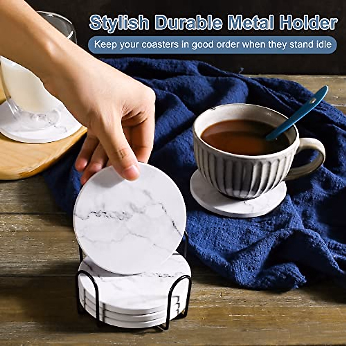 Absorbent Coasters for Drinks ,Ceramic Coaster Set of 6 with Holder, Durable Cup Coaster for Coffee Table with Cork Base for Table Protection, Housewarming Birthday Gifts, Home Decor (White Marble)