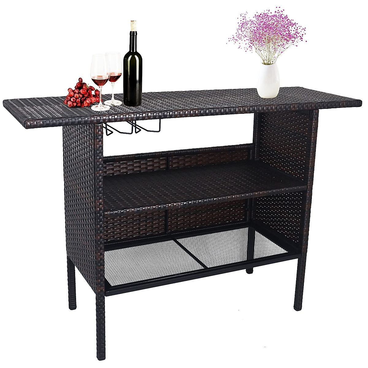 BalanceFrom Outdoor Patio Wicker Bar Counter Table Backyard Furniture with Shelves and Rails