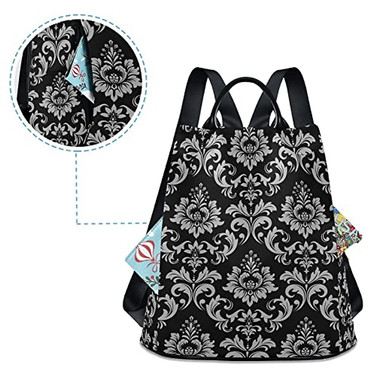 Dark Grey Baroque, Retro Damask Floral Pattern on Black Women Daypacks Ladies Backpack Purse Casual Shoulder Bag Knapsack College Schoolbag Sitting Rucksack Students Bookbag