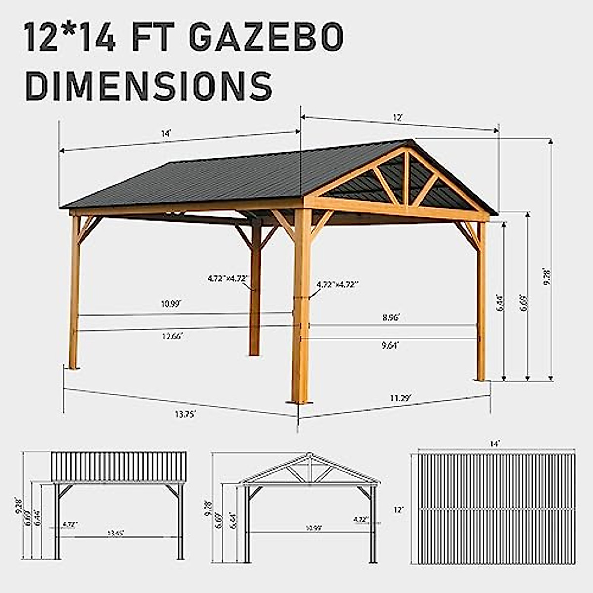 Domi 12' x 14' Hardtop Gazebo with Galvanized Steel Gable Roof, Pergola with Wood-Looking Aluminum Frame, Permanent Pavilion Outdoor Gazebo with Ceiling Hook for Deck Patio Lawn Yard Backyard Grill