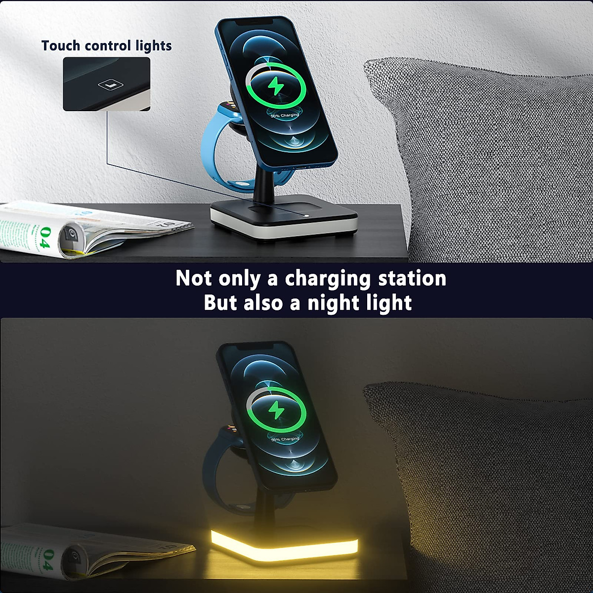 Magnetic Wireless Charging Station, 15W Fast Wireless Charger 4 in 1 MagSafe Charger Stand for iPhone 13/12/Pro/Pro Max/Mini, iWatch and Airpods 3/2/Pro with Night Light (18W QC3.0 Adapter Included)