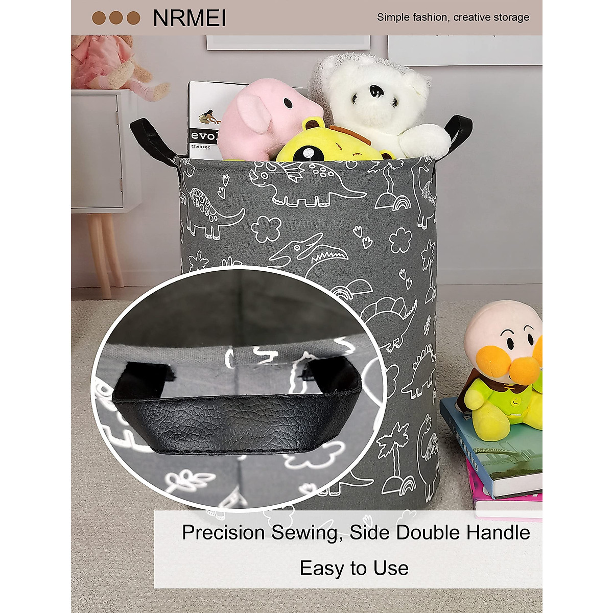 NRMEI Round Storage Basket Laundry Basket Foldable Waterproof Coating Nursery Hamper for Living Room Bedroom and Clothes Toys(Round Line Dinosaur),19.7inchH x 15.7inchD inches