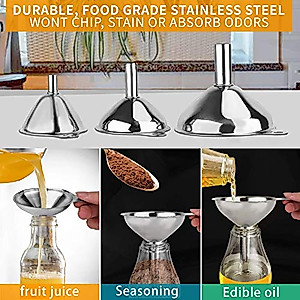YLYL 6Pcs Metal Stainless Steel Funnel, Large Small Funnel Set of 3, Food Grade Mini Funnels for Kitchen Use Filling Bottles Flask Cooking, 2 Brushes