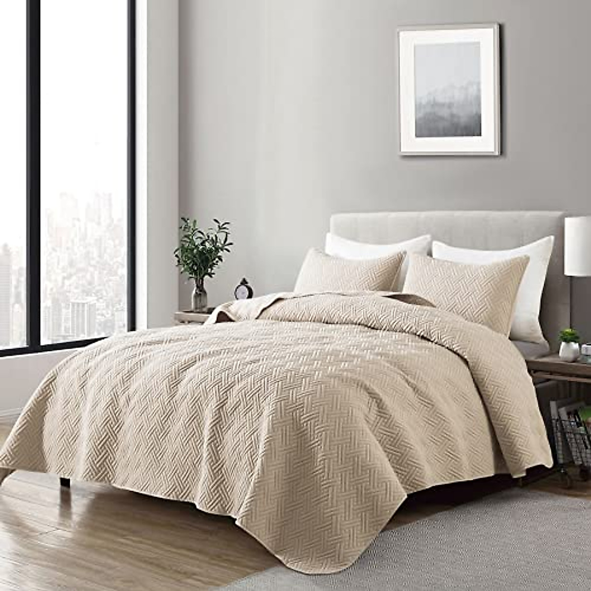 Beige Quilts Queen Size Bedding Sets with Pillow Shams, Tan Cream Lightweight Soft Bedspread Coverlet, Quilted Blanket Thin Comforter Bed Cover, All Season Summer Spring, 3 Pieces, 90x90 inches
