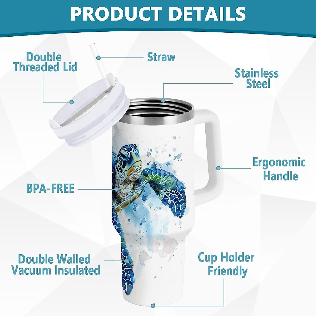 ALAZA Sea Turtle Watercolor 40 oz Tumbler Stainless Steel Water Bottle Vacuum Insulated Cup with Straw Lid & Handle For Travel Car Cup Holder