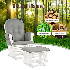 Costzon Nursery Glider with Ottoman, Upholstered Comfort Glider Rocker with Padded Cushion, Storage Pocket, Solid Wood Base, Rocking Chair Nursery for Breastfeeding, Maternity, Napping (Light Gray)