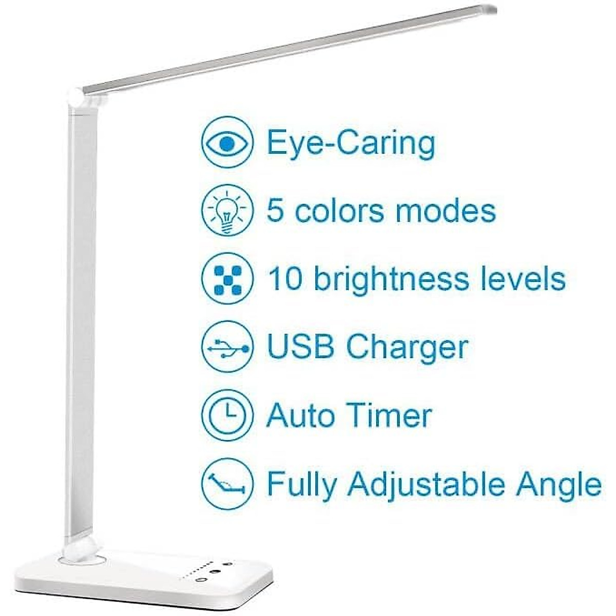 White crown LED Desk Lamp Dimmable Table Lamp Reading Lamp with USB Charging Port 5 Lighting Modes, Sensitive Control, 30/60 min Auto-Off Timer, Eye-Caring Office Lamp (Silver)