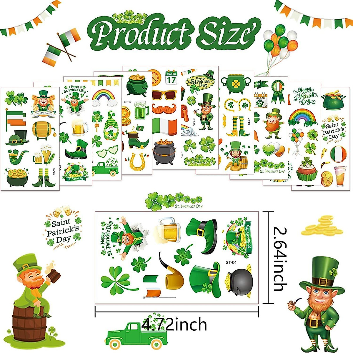 St Patricks Day Accessories Temporary Tattoos 10 Sheets,Saint Patricks Day Accessories Green Shamrock Irish Waterproof Clover Tattoo Stickers for Women Men,St Patricks Day Decor Party Favor Supplies