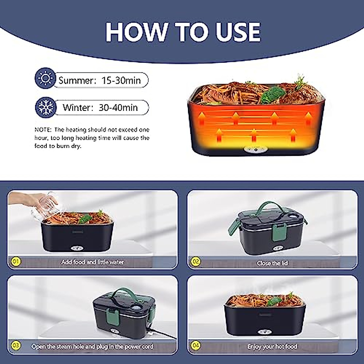 NZN Electric Lunch Box Food Heater,1.8L Leakproof Food Warmer Heating Lunch Box, Portable Heated Lunch Boxes for Adults/Car/Truck/Home/Work, 12V 24V 110V 80W (Blue & Green)