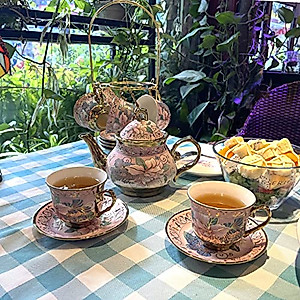 20 Pieces Porcelain Tea Set With Metal Holder, European Ceramic tea set for adults,Flower Tea Set,Tea Set For Women With Flower Painting (Large version, Pink)