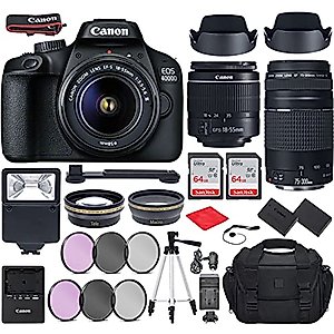 4000D (Rebel T100) DSLR Camera with EF-S 18-55mm F/3.5-5.6 III, EF 75-300mm f/4-5.6 III Lense Bundle, Travel Kit with Accessories(Extra Battery, Digital Slave Flash, 128Gb Memory and More)