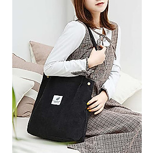 ALUWU Corduroy Tote Bag for Women Girl Casual Work Canvas Shoulder Handbags Cute Purse Black