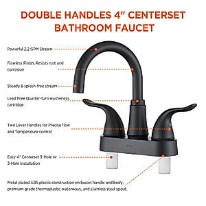 KPW Bathroom Sink Faucet 2 or 3 Hole Matte Black Centerset 4 Inch Bathroom Sink Faucet 2 Handle Plating Over ABS Plastic Non-Metallic Lavatory Bathroom Faucet with Pop up Drain Water Supply Hoses