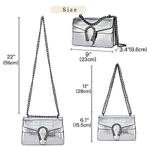 Erideno Crossbody Bags for Women Trendy Crocodile Grain Purses for Women Purse Chain Shoulder Bag Leather Handbags for Women（Silver）