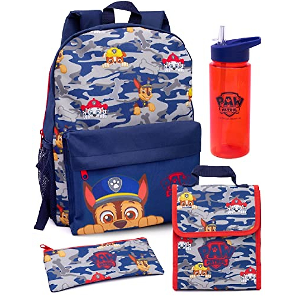 Paw Patrol Backpack Set Kids 4 Piece Camo Lunch Box Water Bottle Pencil Case