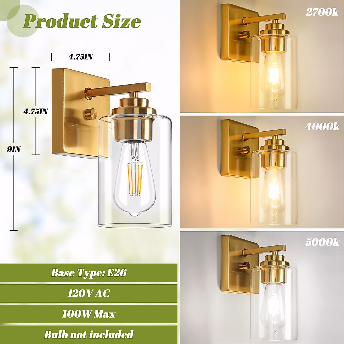 Wall Sconces, Gold Bathroom Light Fixtures, Modern Vanity Lights, Sconces Wall Lighting with Clear Glass, Sconces Wall Decor Set of 2, Wall Light Fixture for Mirror, Living Room, Bedroom, Hallway, E26