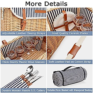 Wicker Picnic Basket for 4, 4 Person Picnic Kit, Willow Hamper Service Gift Set with Blanket Portable Bamboo Wine Snack Table for Camping and Outdoor Party