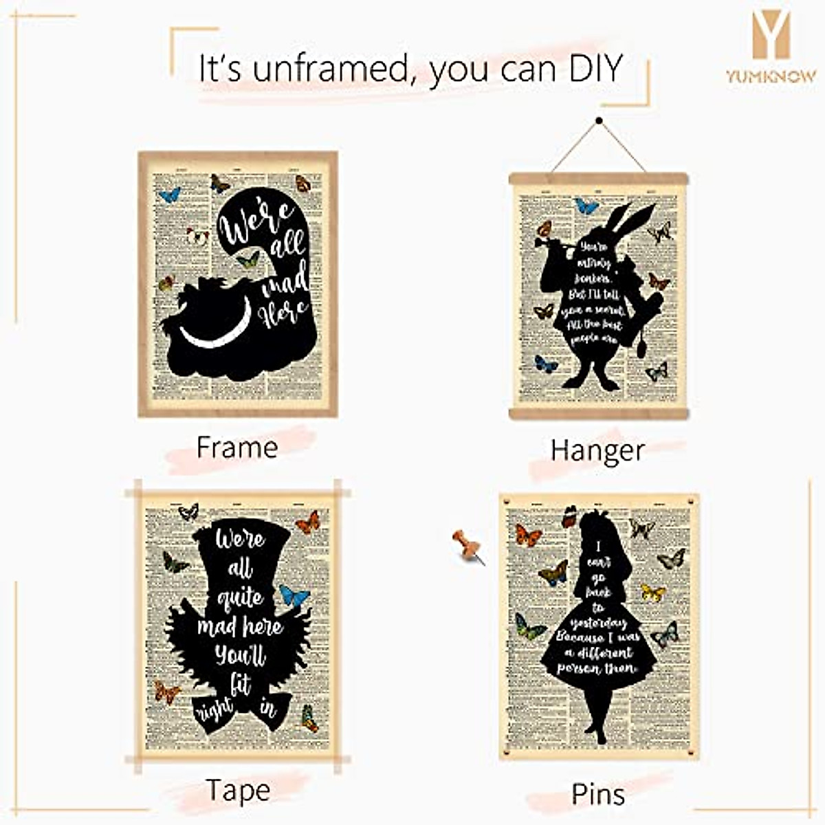 Alice in Wonderland Wall Art Decor - 11x14 Cheshire Cat Mad Hatter White Rabbit - Alice Inspirational Saying Quote Poster Print - Motivational Wall Art for Alice Fans - Affirmation Gift for Women Girl