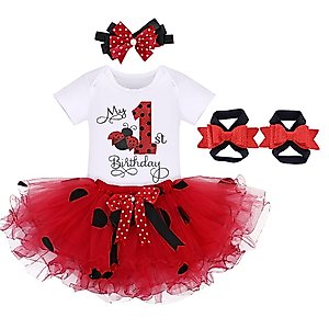 Baby Girls Cake Smash 1st Birthday Outfit Set Romper Bodysuit Dress+Polka Dots Tutu Skirt+ Ears Headband+Barefoot Sandals Foot Bands for Newborns Infants Photograph Ladybug-1st Birthday 1T