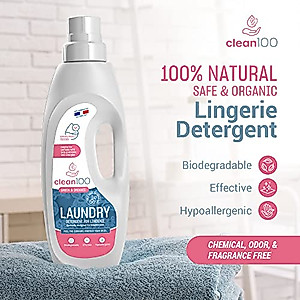 Clean100 100% All Natural Laundry Detergent Liquid for Lingerie 1L - Unscented Plant Based Laundry Detergent Liquid, Chemical & Fragrance-Free - Deep Cleans, Removes Tough Stains, For Sensitive Skin