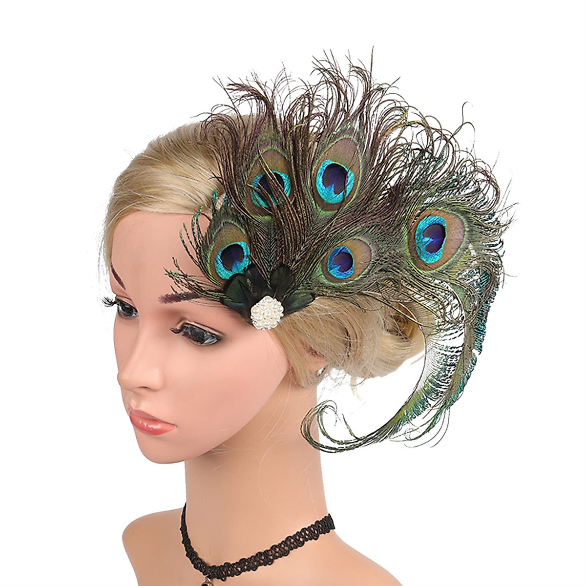ACTLATI Elegant Peacock Feather Hair Clip Fascinator Hairpin Rhinestones Headband Cocktail Party Girls Women, Green, One Size