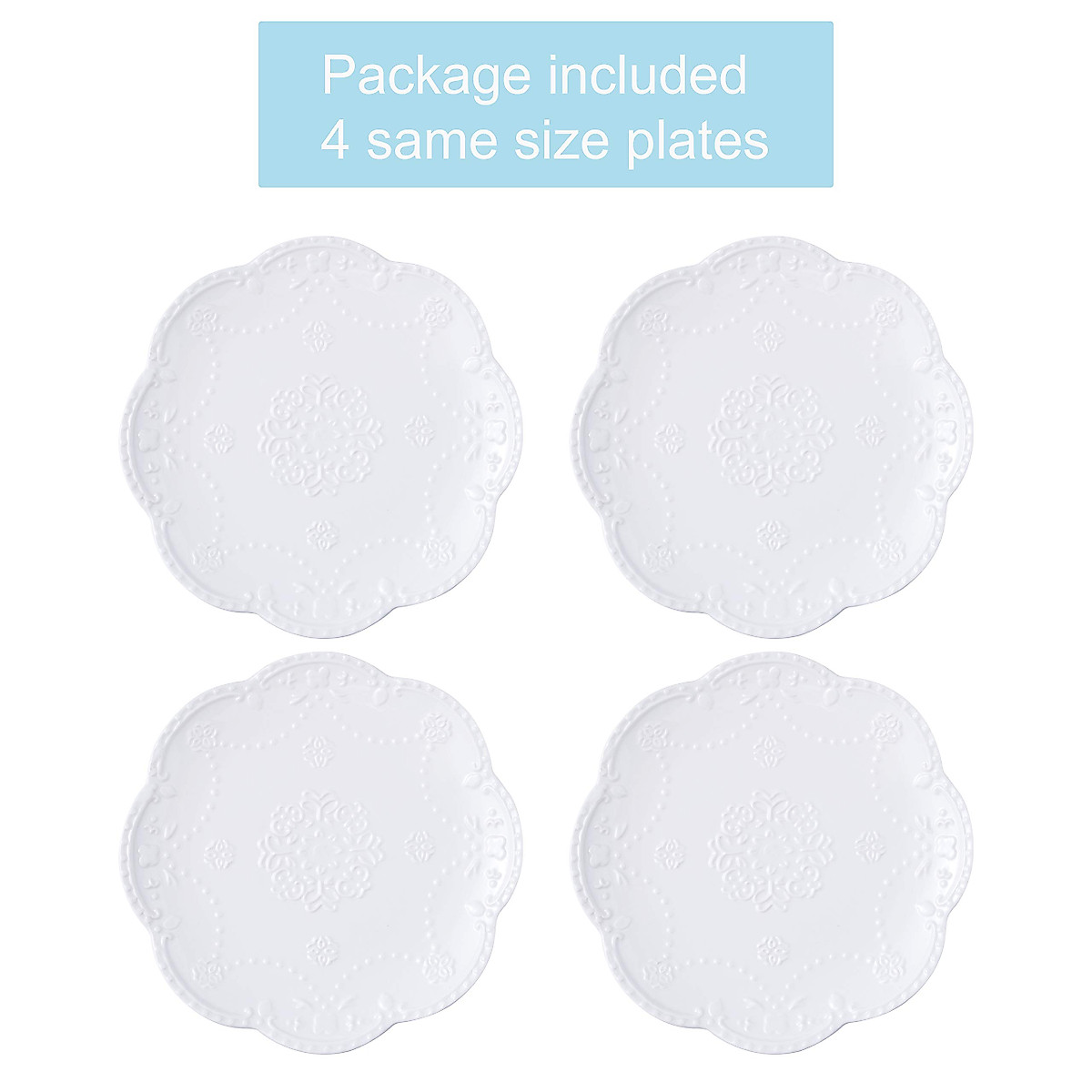 Jusalpha Embossed Lace Porcelain Plate-Dinner Plate Set, Pasta/Salad/Dessert Plate， Tableware Set for Restaurant Family Party Kitchen Use -4 Pieces, FD-PL15 (10 Inche, White)