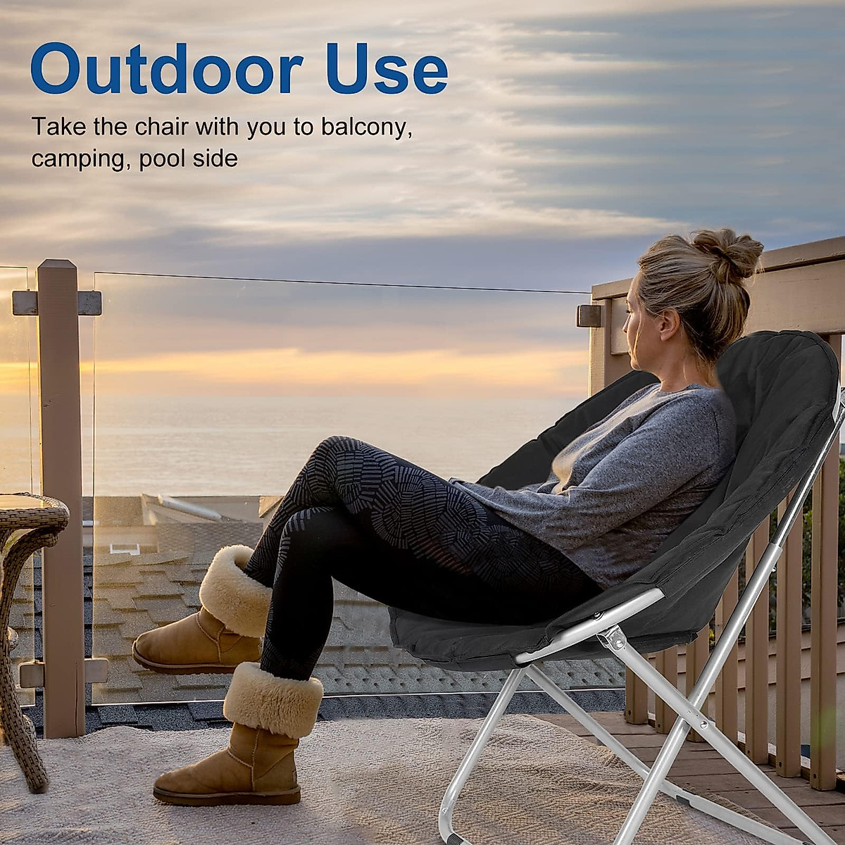 Oversized Moon Chair with Metal Frame, Comfy Chair for Outdoor, Saucer Chair for Courtyard, Cozy Faux Fur Lounge Chair, Black