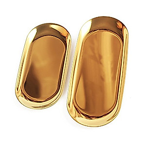 MEOLY Serving Tray Ellipse Tray Stainless Steel Summit Serving Tray Storage Disk Fruit Tray Jewellery Tray Organizer, 2pcs Pack (Gold)