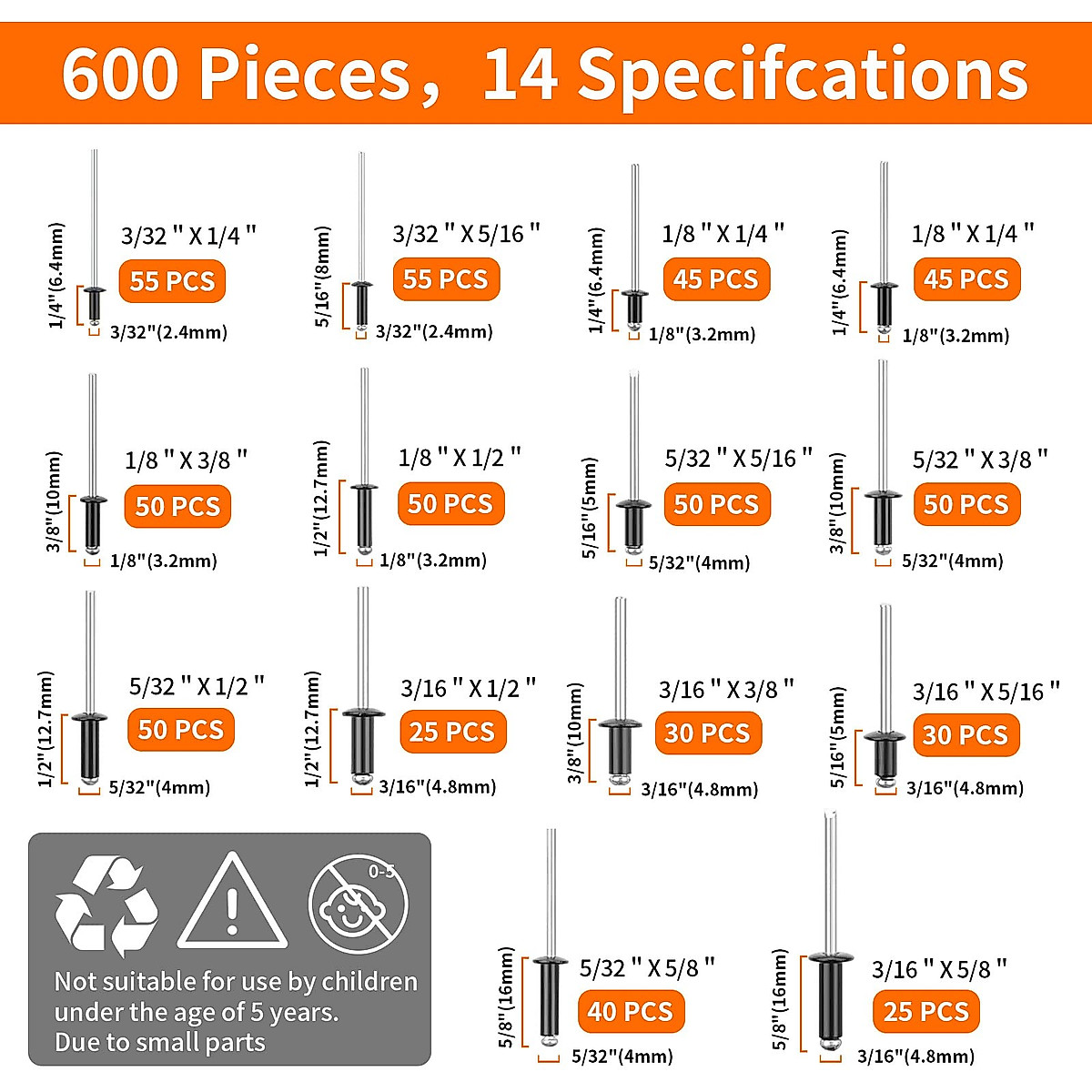 600pcs Pop Rivets Assortment Kit, 14 Sizes Aluminum Rivets 3/32" 1/8" 5/32" 3/16", Assorted Black Rivets with Reinfored Divider and Labeled Case (Black)