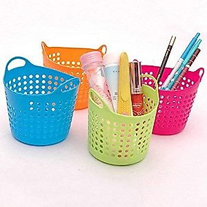 Academyus Portable Plastic Stationery Home Office Gadgets Trivial Storage Basket Organizer With Handle -Hot Pink