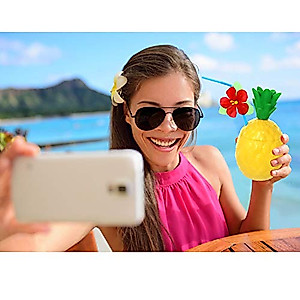 GiftExpress 12-pack Plastic Pineapple Cups with Lids and Hibiscus Straws, Hawaiian Party Cups Luau Aloha Party Favor (12)