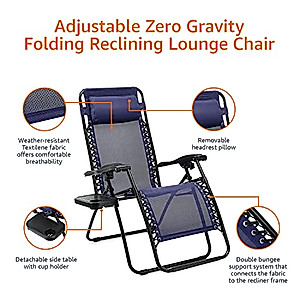 Amazon Basics Textilene Outdoor Adjustable Zero Gravity Folding Reclining Lounge Chair with Side table and Pillow - Pack of 2, Blue