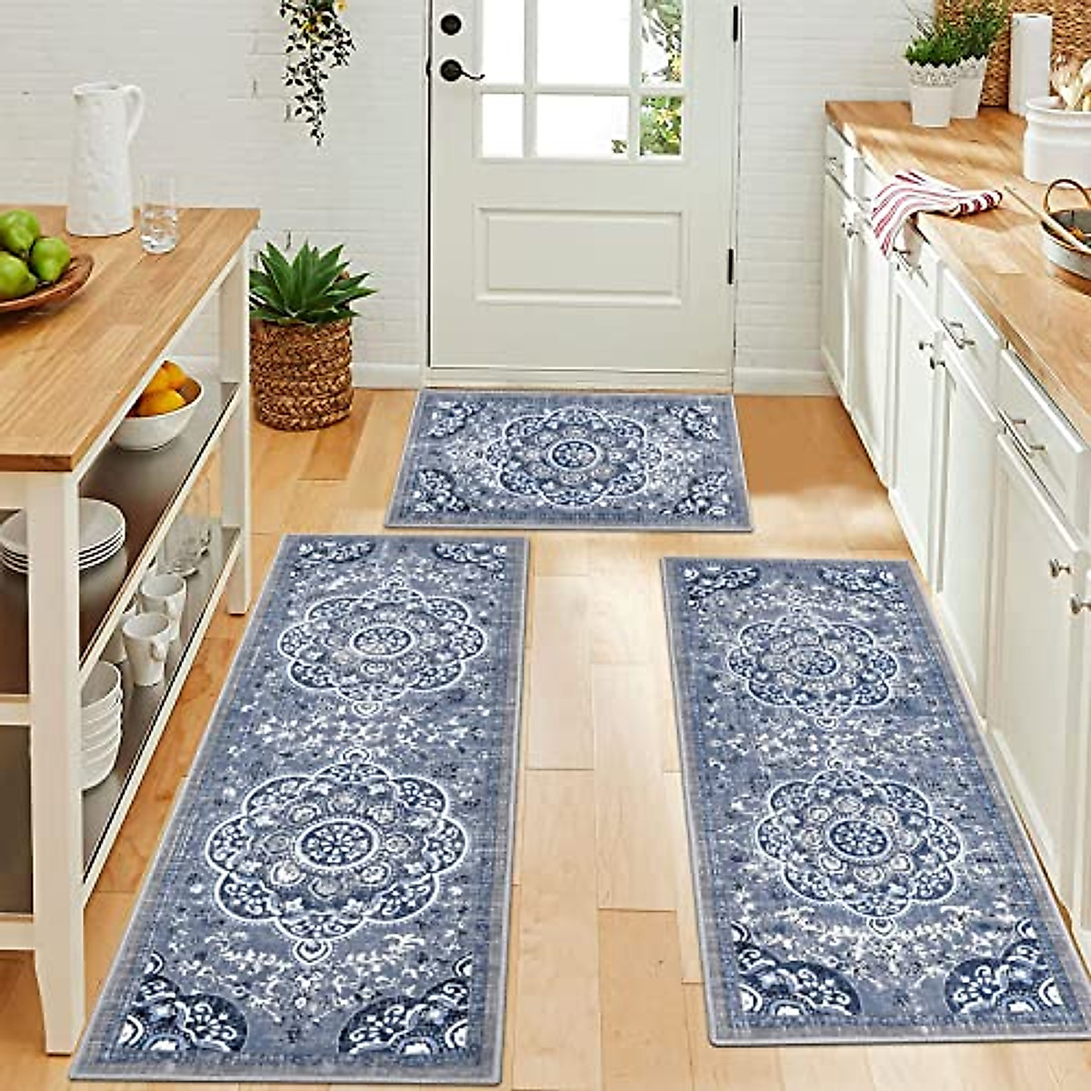 Ileading BohoRugs Sets 3 Piece with Runner Floral Carpet Farmhouse Mats Non Skid Washable for Kitchen Floor Office Sink Laundry