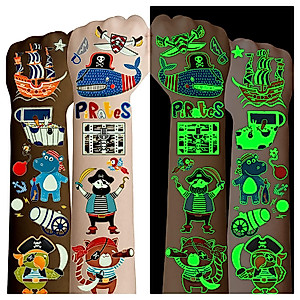 Cerlaza 100 Styles Luminous Pirate Party Supplies, Pirate Temporary Tattoos for Kids Birthday Party Favors Decorations, Fake Pirate Tattoos Stickers Accessories for Boys and Girls Toddlers Body Makeup