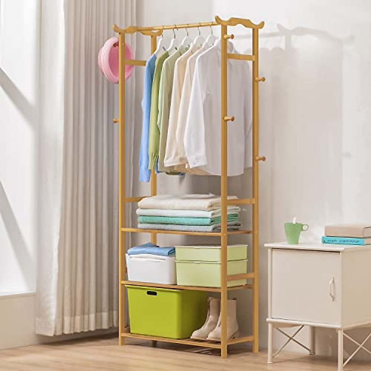MoNiBloom Freestanding Garment Rack with Shelves and Hooks, Bamboo Tall 3 Tiers Clothes Racks Clothing Storage Shelving Unit for Bedroom Laundry Room Guest Room, Natural
