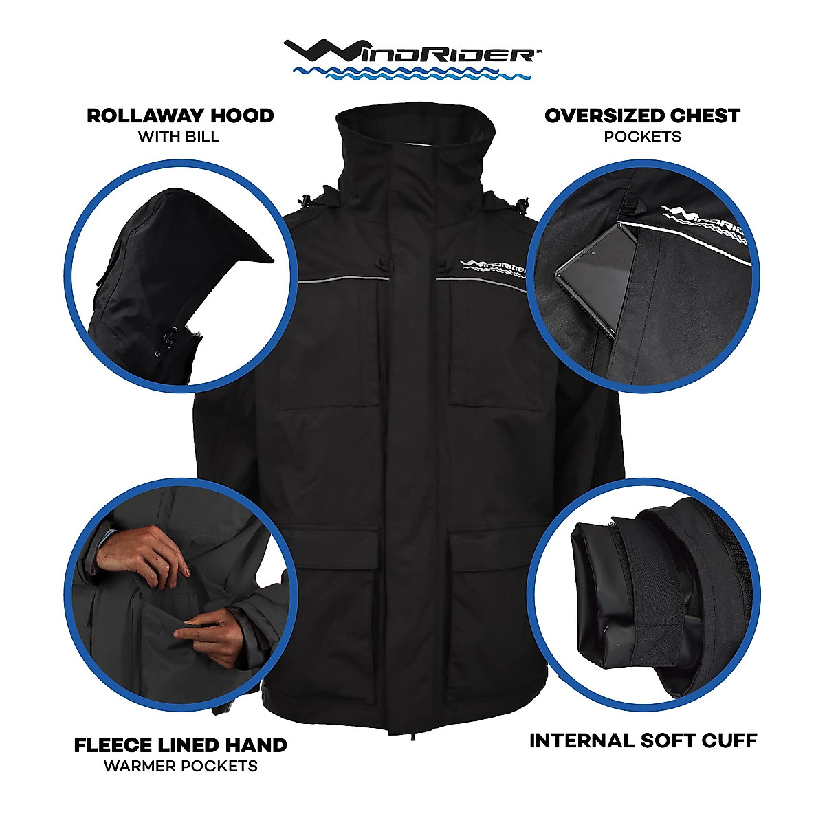 WindRider Pro Foul Weather Gear - Rain Suit - Jacket + Bibs - Breathable, Numerous Pockets, Mesh Lined for Comfort - For Fishing, Sailing, Outdoor Adventuring (Black, Small)