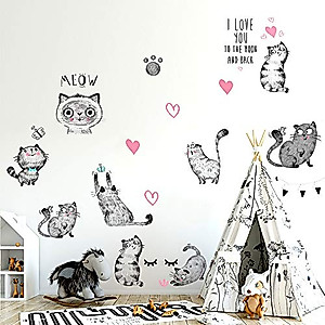 Cartoon Cats Wall Decals - MAIYU 9 Cute Kittens with Butterfly Heart Paw Print Wall Stickers for Kids Bedroom Living Room Nursery Home Decorations