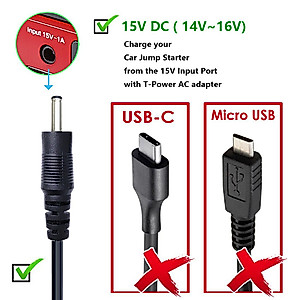 T POWER 15V Charger for Car Jump Starter 450A 500A 600A 800A 1000A Peak Car Jump Starter Portable Auto Battery Booster fits: BEATIT iClever TACKLIFE T6 DBPOWER Anker GOOLOO Rugged Geek