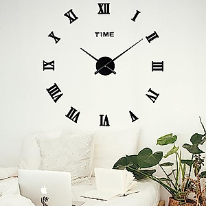 LIDNADY Roman Numerals DIY Wall Clock,3D Frameless Wall Clock,Large Modern Design Decor Sticker DIY Wall Clock Kit for Bedroom Living Room Home Decorations,Adjustable Size and Easy to Assemble (Black)