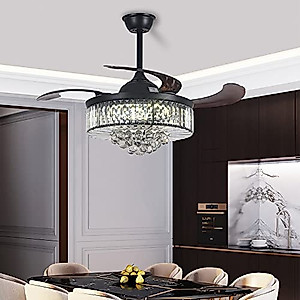 KPIBEST 42 inch Chandelier Ceiling Fan with Remote Control, Crystal Ceiling Fans with 3 Lights Level and 3 Speed, Modern Retractable Fandalier Ceiling Fan for Dining Room Bedroom