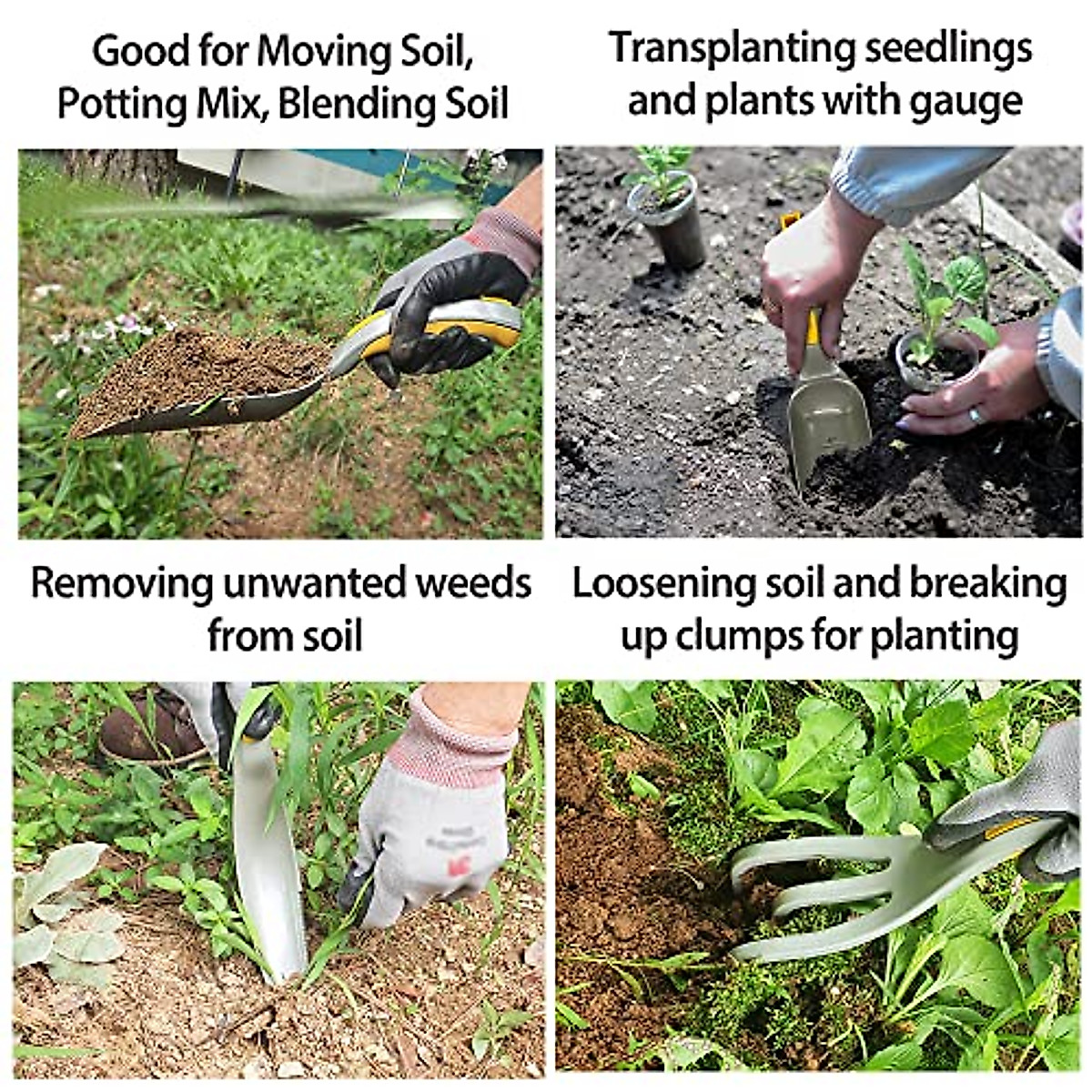 PortableAnd Garden Hand Tools Set Heavy Duty One-Piece Cast-Aluminum Lightweight 4 PCS Hand Trowel Transplanter Cultivator Weeder with Ergonomic Grip