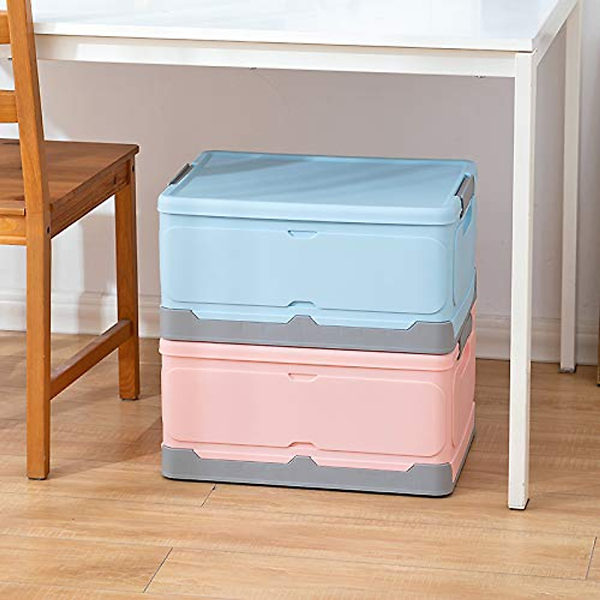 Durable Plastic Folding Storage Box Organizer with Lids, Folding Plastic Stackable, Containers for Home & Garage Organization (Blue)