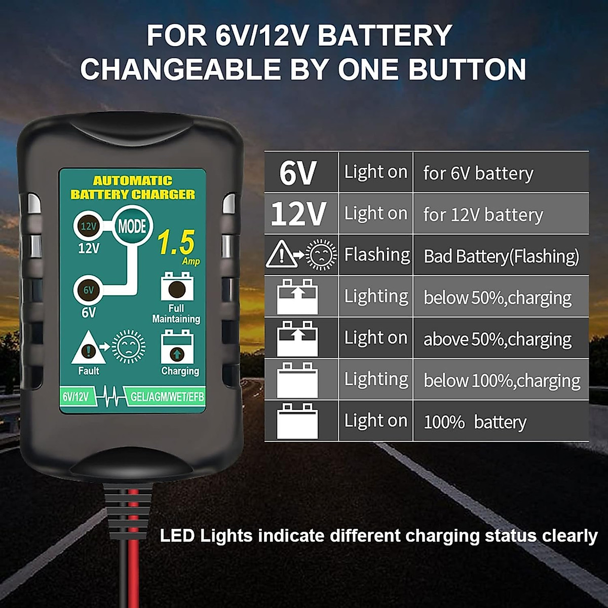 12V / 6V Battery Trickle Charger Maintainer, 1.5A Automatic Smart Float Charger Battery Charger for Motorcycle Lawn Mower Car Boat Tractor ATV, SLA VRLA Gel Cell AGM Lead Acid Batteries
