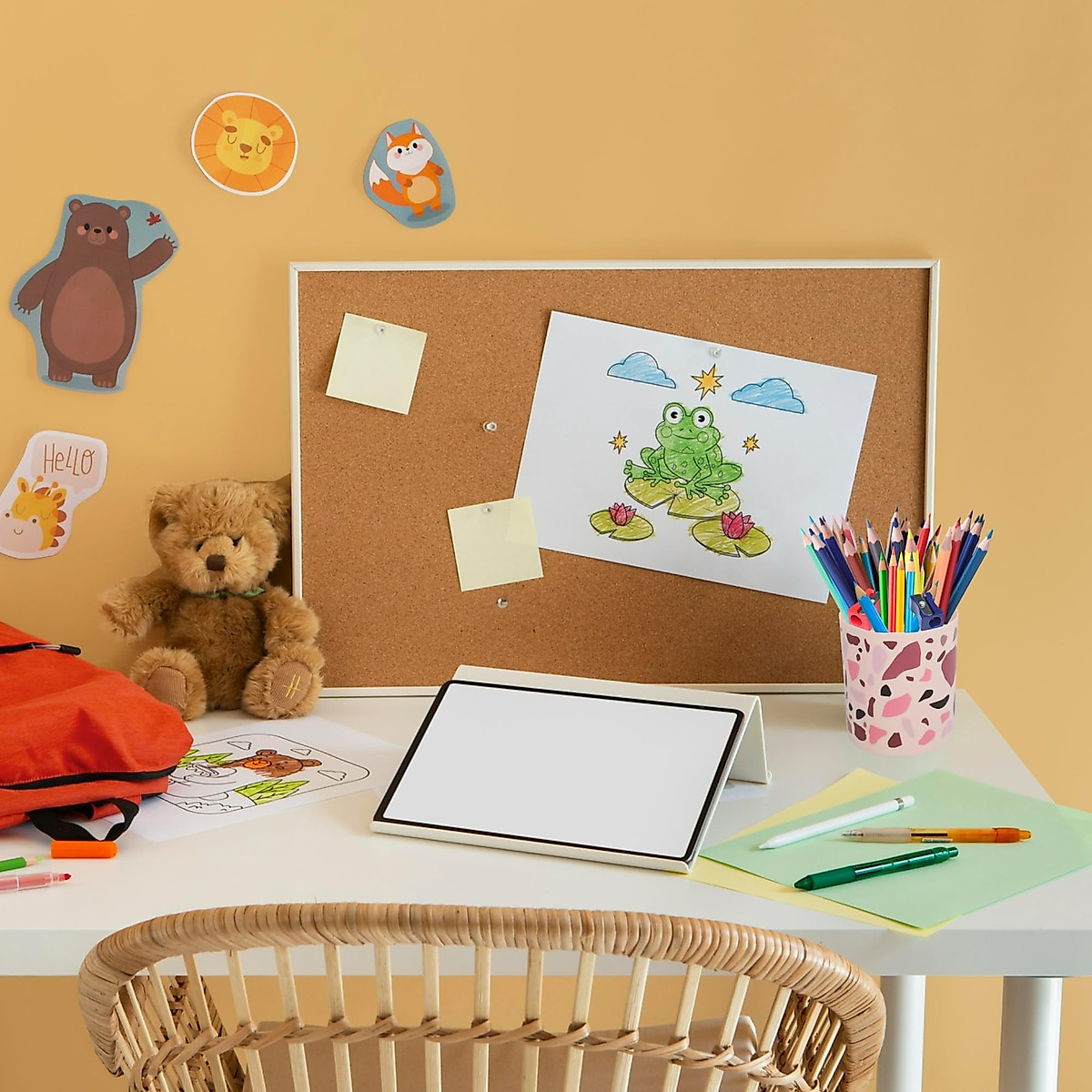 A1 Unlimited Back to School Essentials Bundle, (PEACH) Printed Design Pastel Pencil Cup Craft Caddy Interlocking Book Bin Perfect Storage Organizer Holder for Home Office Classroom with Bonus Item