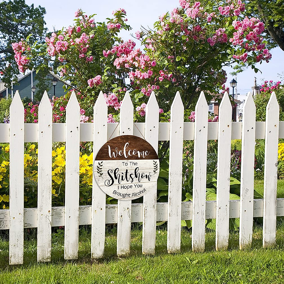 CHDITB Welcome to the Shitshow Wood Door Sign, Alcohol Shitshow Rustic Wall Door Hanging Sign(12”x12”), Funny Welcome Wall Hanging Sign Plaque for Front Door Entryway Porch Bar Pub Farewell Party