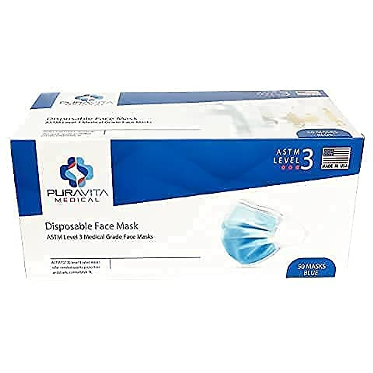 PURAVITA 3 Ply Ultra Soft Earloop Face Mask - High Filter Efficiency ≥ 98% - MADE IN USA - ASTM Level 3 - Box/50