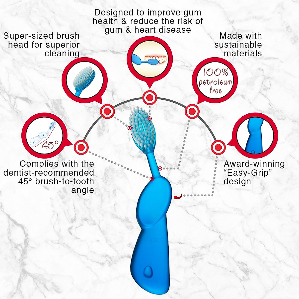 RADIUS - Original Left Hand Toothbrush, Soft Bristles, Designed to Improve Gum Health and Reduce the Risk of Gum Disease, Made with Sustainable Materials (Colors May Vary)